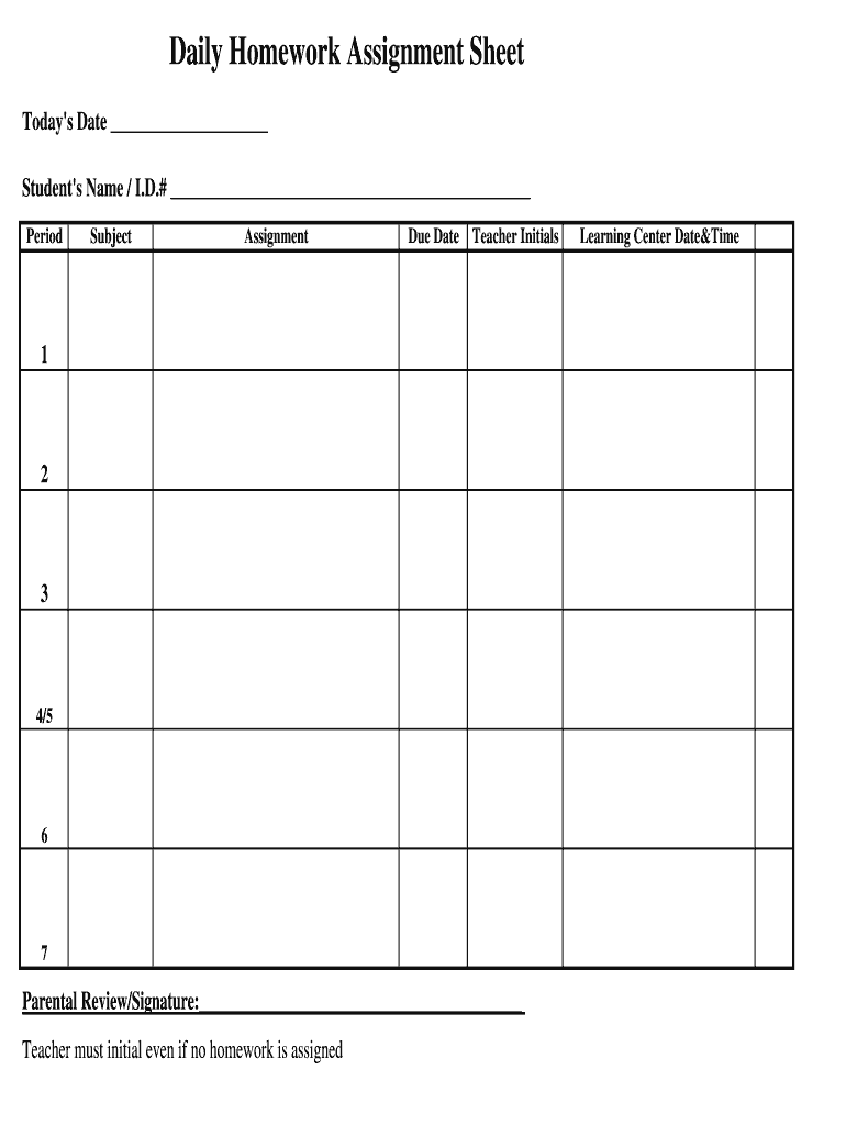 Fillable Online greenway guhsdaz Daily Homework Assignment Sheet ...