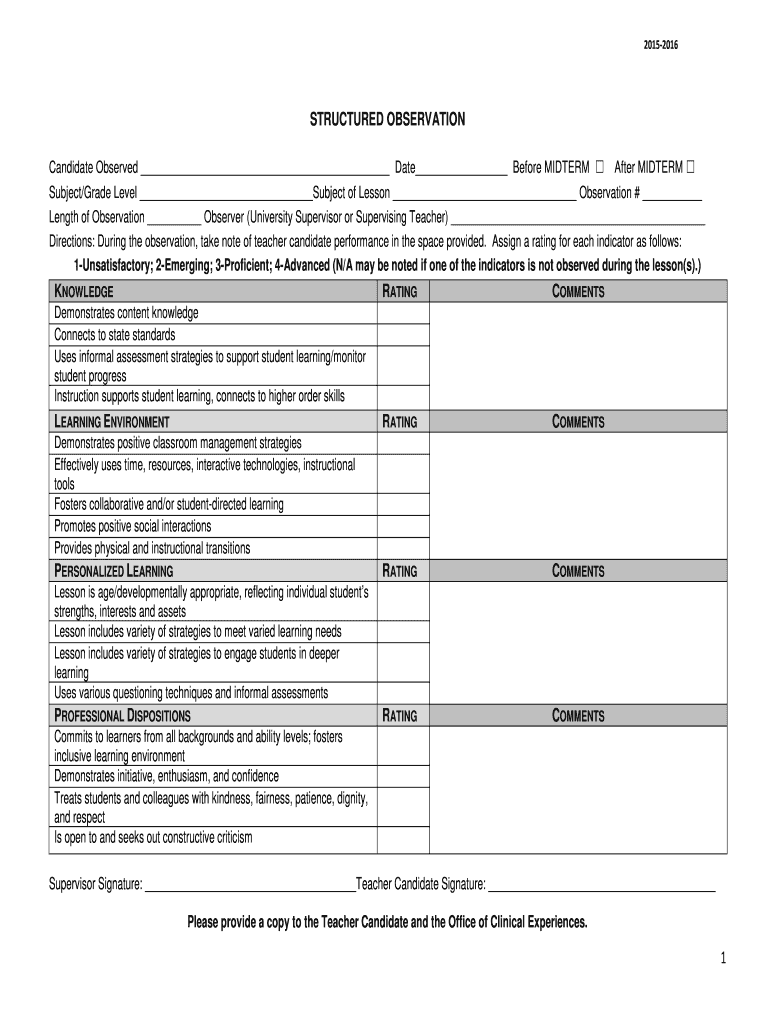 Fillable Online education indiana STRUCTURED OBSERVATION ...
