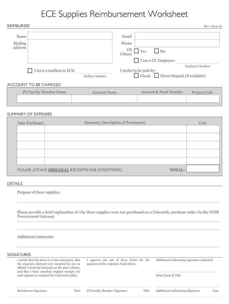 Fillable Online ece ucsb ECE Supplies Reimbursement Worksheet Fax Email Print - pdfFiller