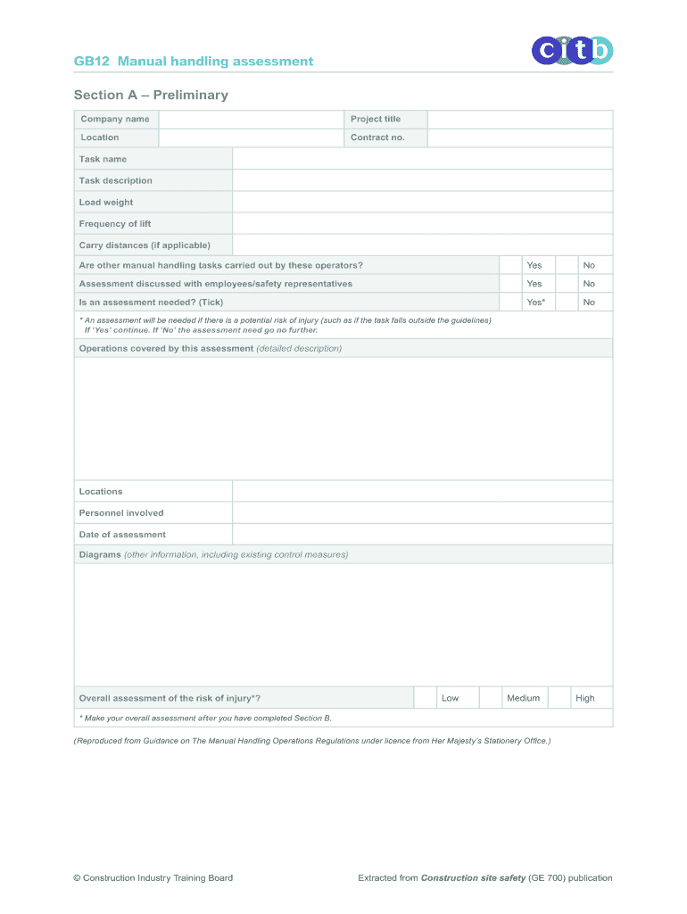 Fillable Online GB12 Manual handling assessment Section A Preliminary ...