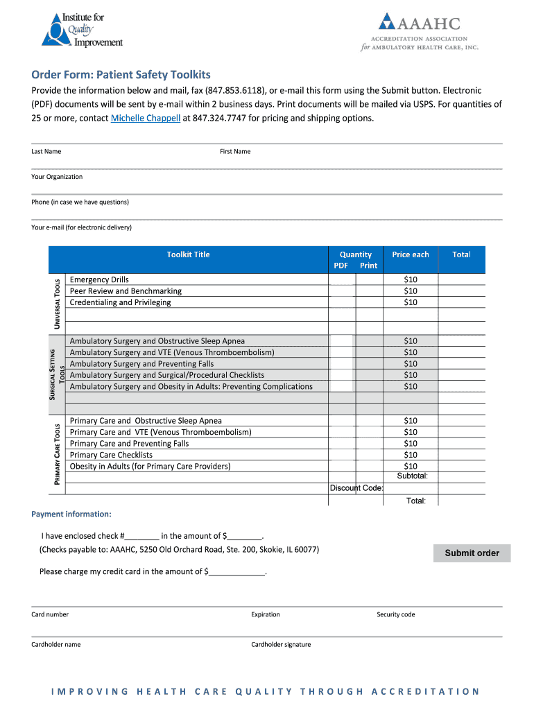 Fillable Online aaahc Order Form Patient Safety Toolkits - AAAHC Fax ...