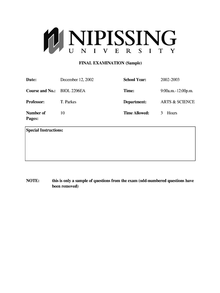 Fillable Online exams nipissingu FINAL EXAMINATION Sample - exams nipissingu Fax Email Print ...