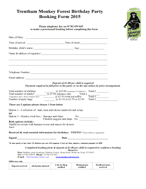 Fillable Online Birthday party booking form - Monkey Forest Fax Email ...