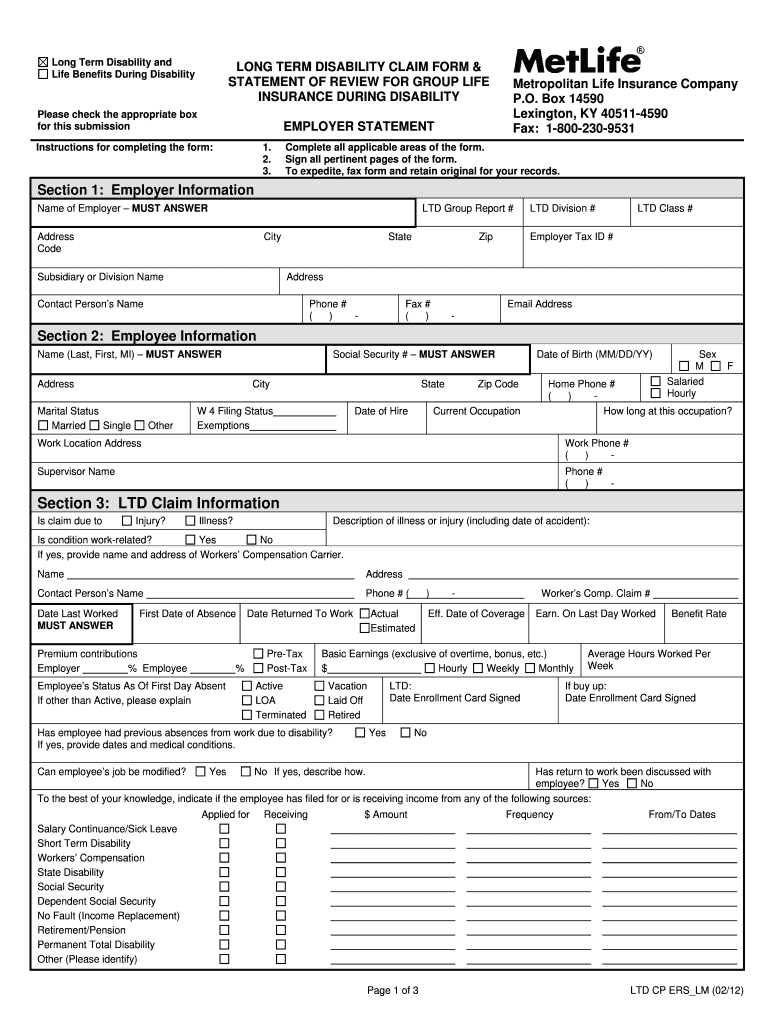 Fillable Online Long Term Disability and LONG TERM DISABILITY CLAIM ...