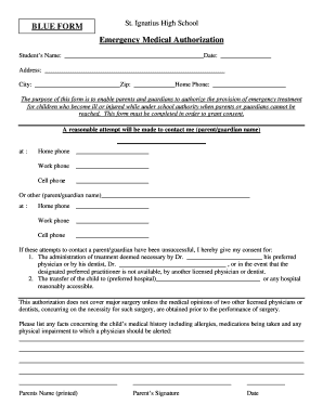BLUE FORM St Ignatius High School Emergency - Fill and Sign Printable ...