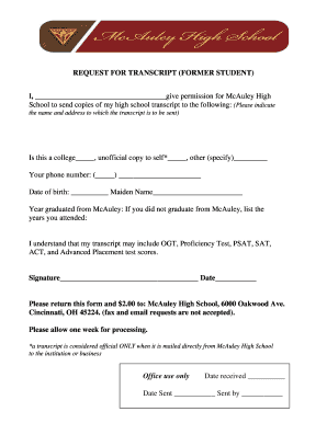 Fillable Online mcauleyhs REQUEST FOR TRANSCRIPT FORMER STUDENT ...
