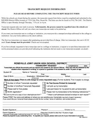 Fillable Online ROSEVILLE JOINT UNION HIGH SCHOOL DISTRICT TRANSCRIPT REQUEST Fax Email Print ...