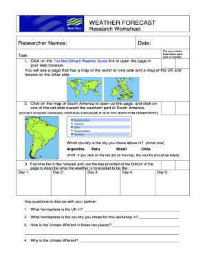 Fillable Online WEATHER FORECAST Research Worksheet Researcher Names ...