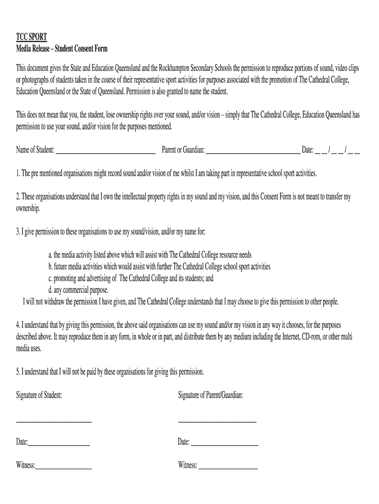 Fillable Online TCC SPORT Media Release Student Consent Form Fax Email ...