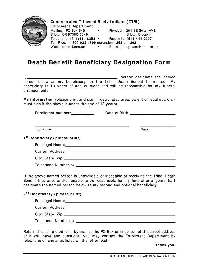 Fillable Online Death Benefit Beneficiary Designation Form - ctsinsnus ...