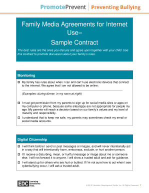 Fillable Online promoteprevent Family Media Agreements for Internet Use ...