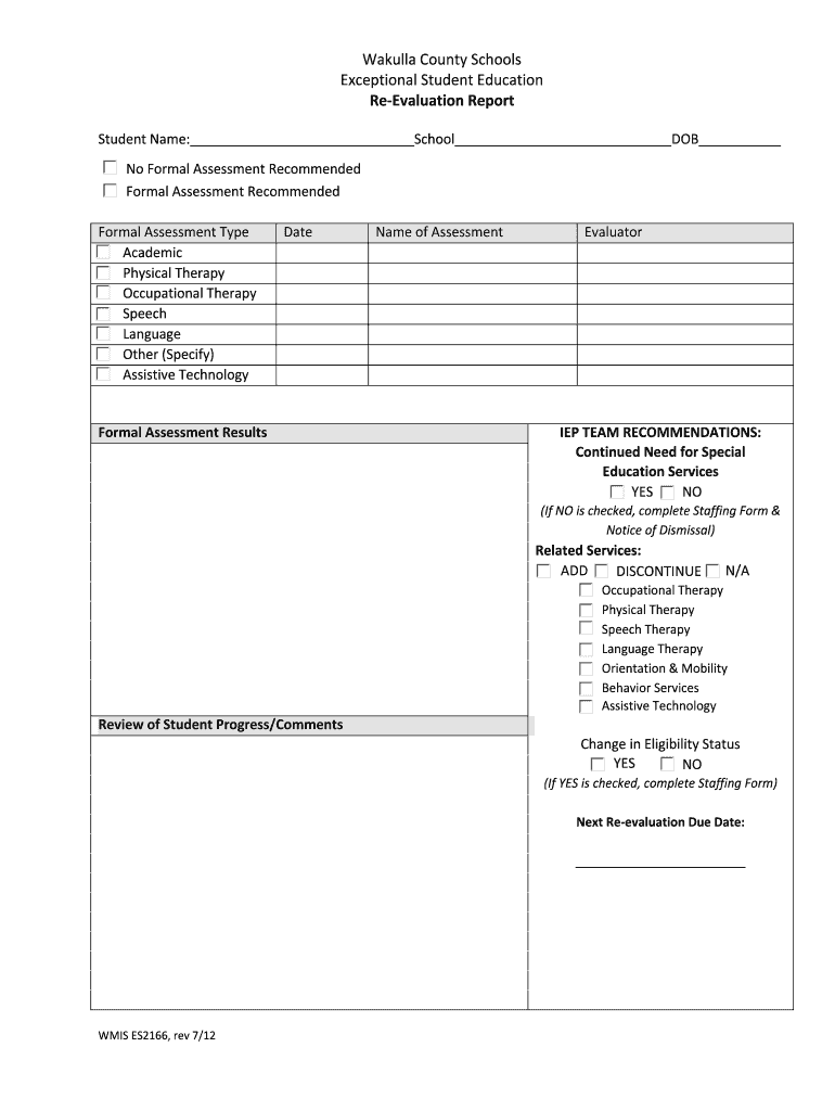 Fillable Online wakulla schooldesk form - Re-Evaluation Report WMIS ...