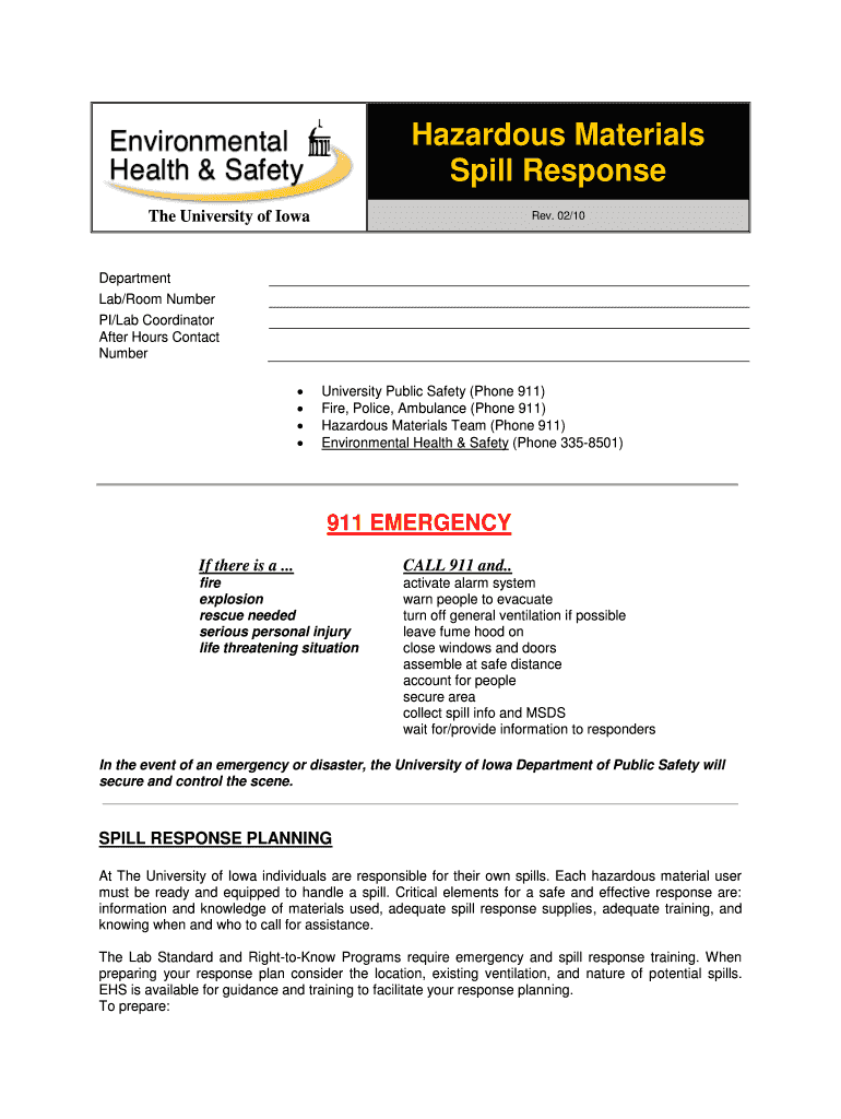 Fillable Online ehs research uiowa Hazardous Materials Spill Response ...