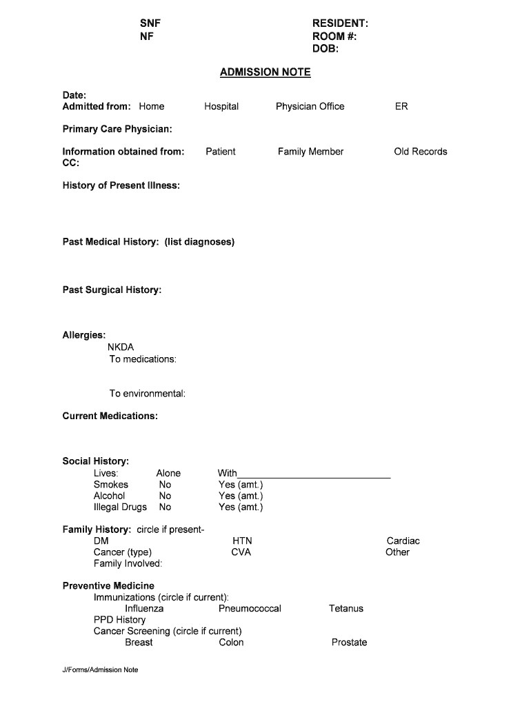Fillable Online ADMISSION NOTE Fax Email Print - pdfFiller
