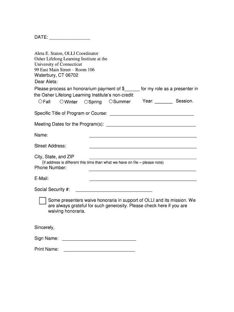 Fillable Online olli uconn Dear OLLI Course Presenter Fax Email Print ...