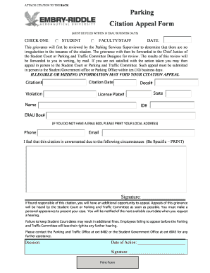 Fillable Online ATTACH CITATION TO THE BACK Parking Citation Appeal Form Fax Email Print - pdfFiller