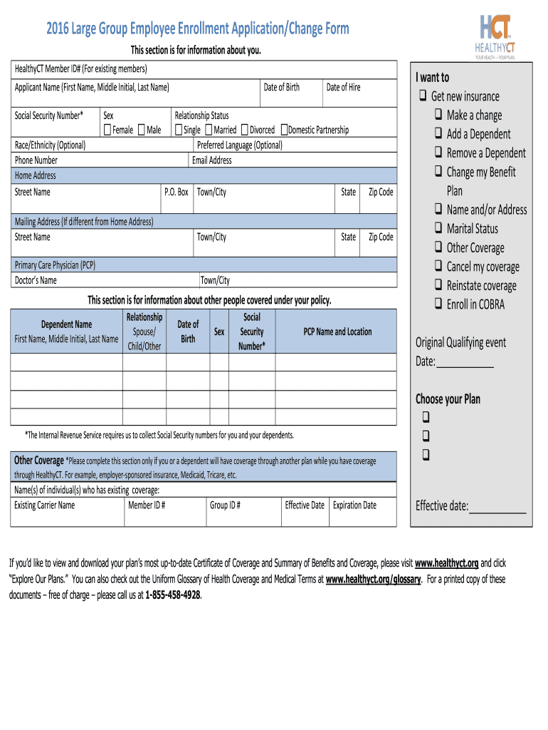 Fillable Online 2016 Large Group Employee Enrollment ApplicationChange Form Fax Email Print ...