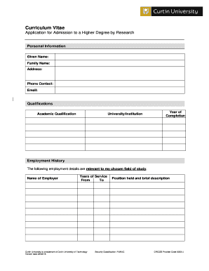Fillable Online research curtin edu Application for Admission to a ...