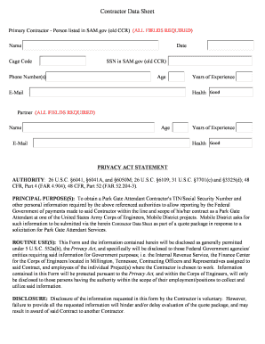 Fillable Online sam usace army Contractor Data Sheet - United States ...
