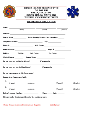 Fillable Online Firefighter Application - Brazos County PCT 4 VFD Fax ...