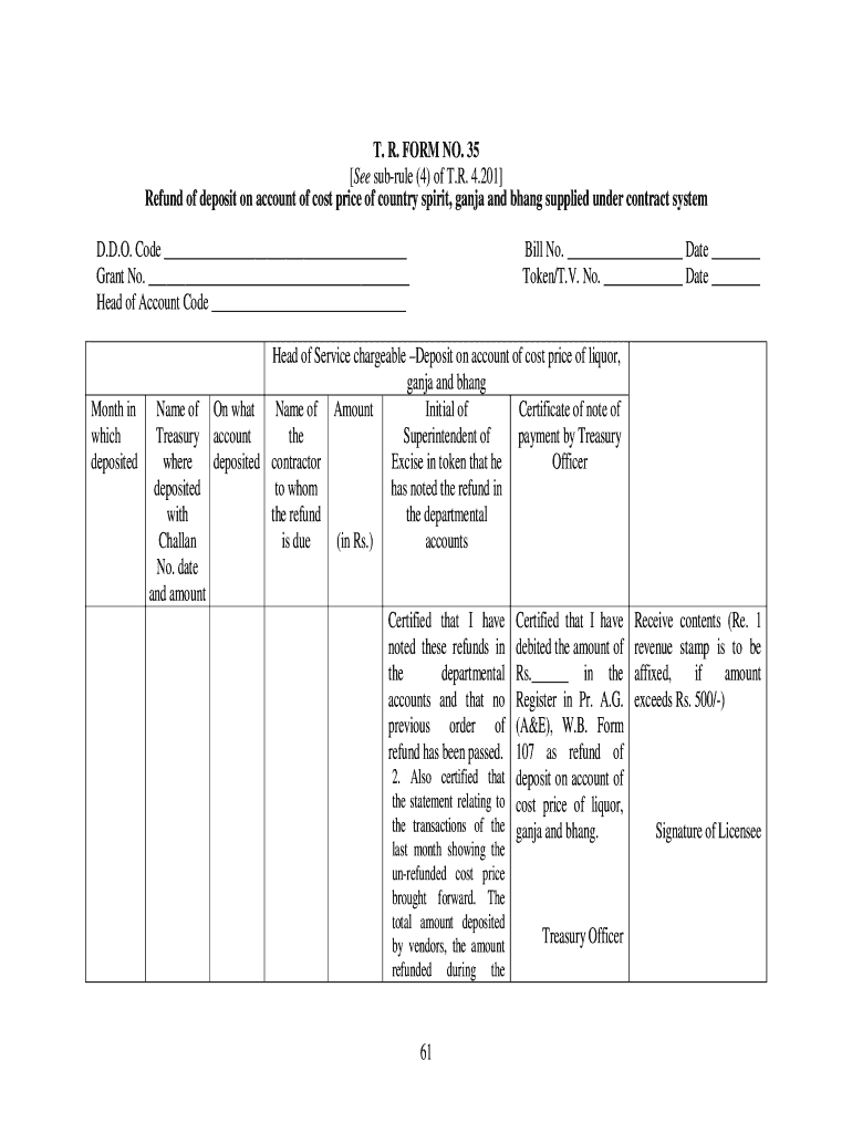 Fillable Online T R FORM NO 35 Refund of deposit on account of cost Fax ...