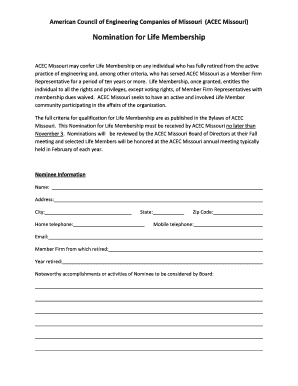 Fillable Online acecmo ACECMO Life Membership Nomination Form Fax Email ...