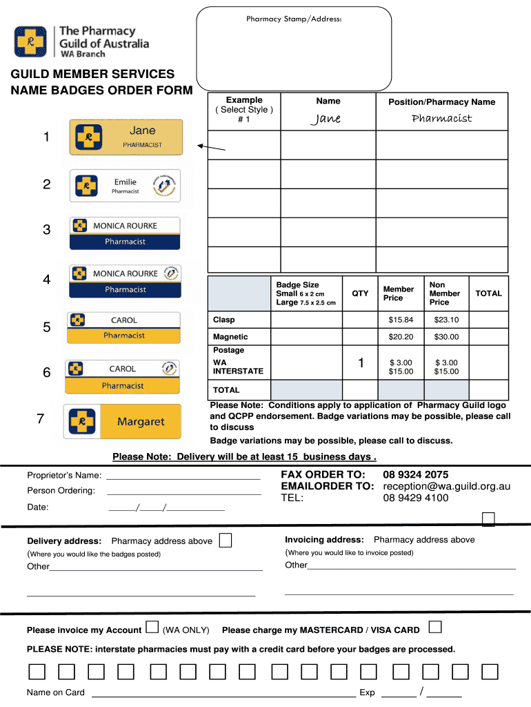 Fillable Online GUILD MEMBER SERVICES NAME BADGES ORDER FORM Fax Email ...