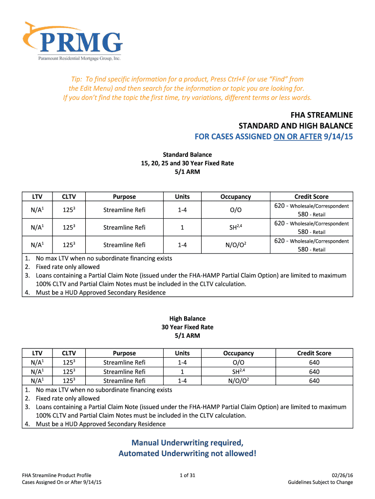 Fillable Online FHA STREAMLINE STANDARD AND HIGH BALANCE FOR CASES Fax ...