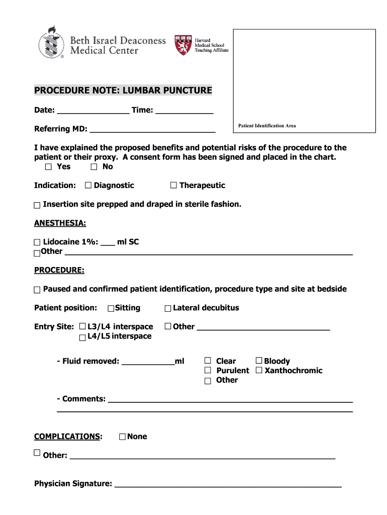 Fillable Online portal mah harvard PROCEDURE NOTE LUMBAR PUNCTURE ...