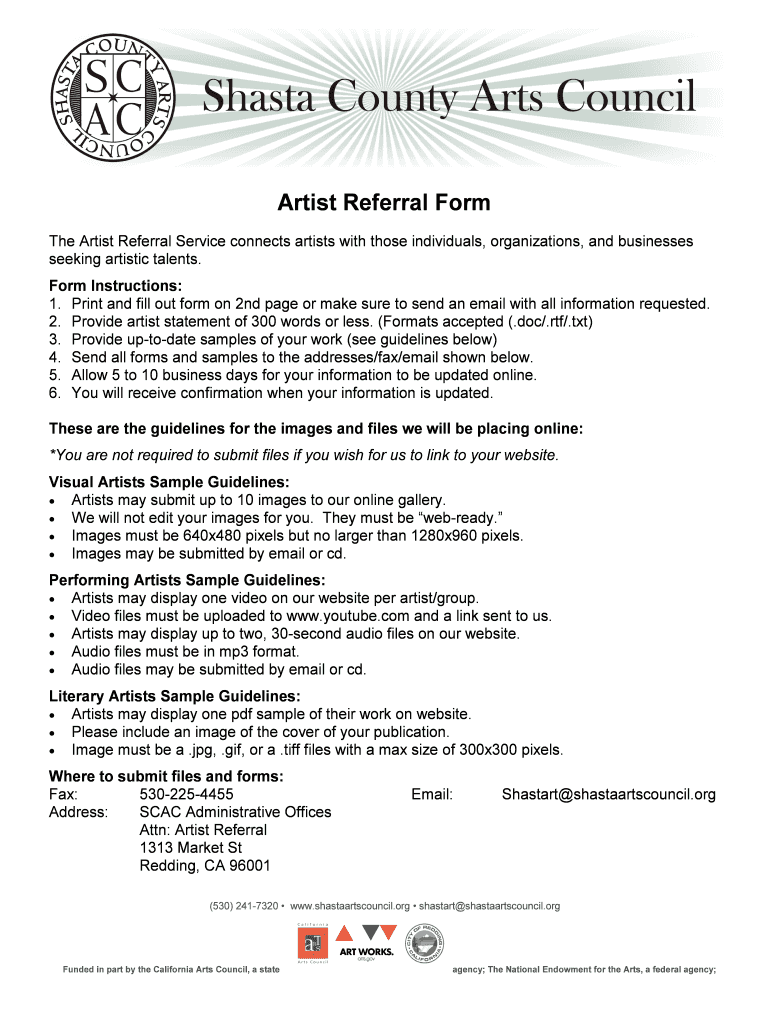 Fillable Online shastaartscouncil Artist Referral Form - Shasta County ...