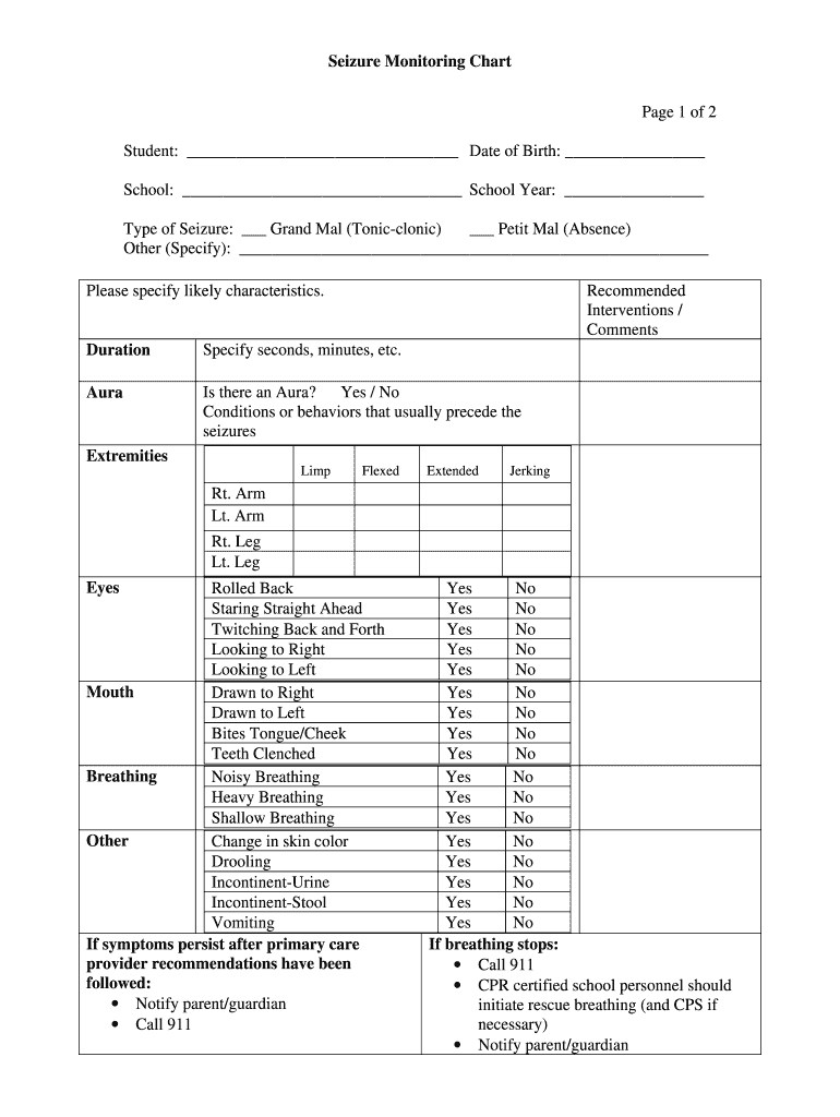Fillable Online Seizure Monitoring Chart Page 1 of 2 Fax Email Print ...