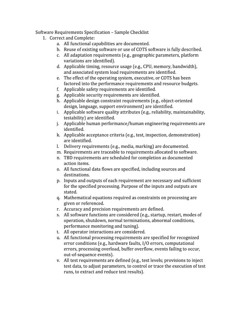 Fillable Online Software Requirements Specification Sample Checklist ...