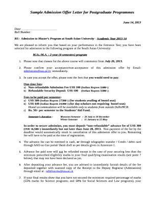 Fillable Online Sample Admission Offer Letter for Postgraduate ...