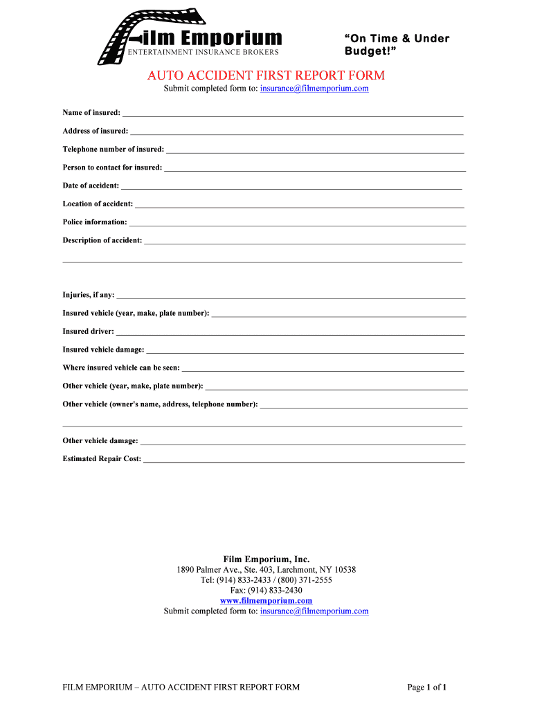Fillable Online AUTO ACCIDENT FIRST REPORT FORM - bfilmemporiumcomb Fax ...