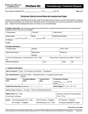 Fillable Online KENTUCKY HEALTH OOPERATIVE Chemotherapy Treatment ...