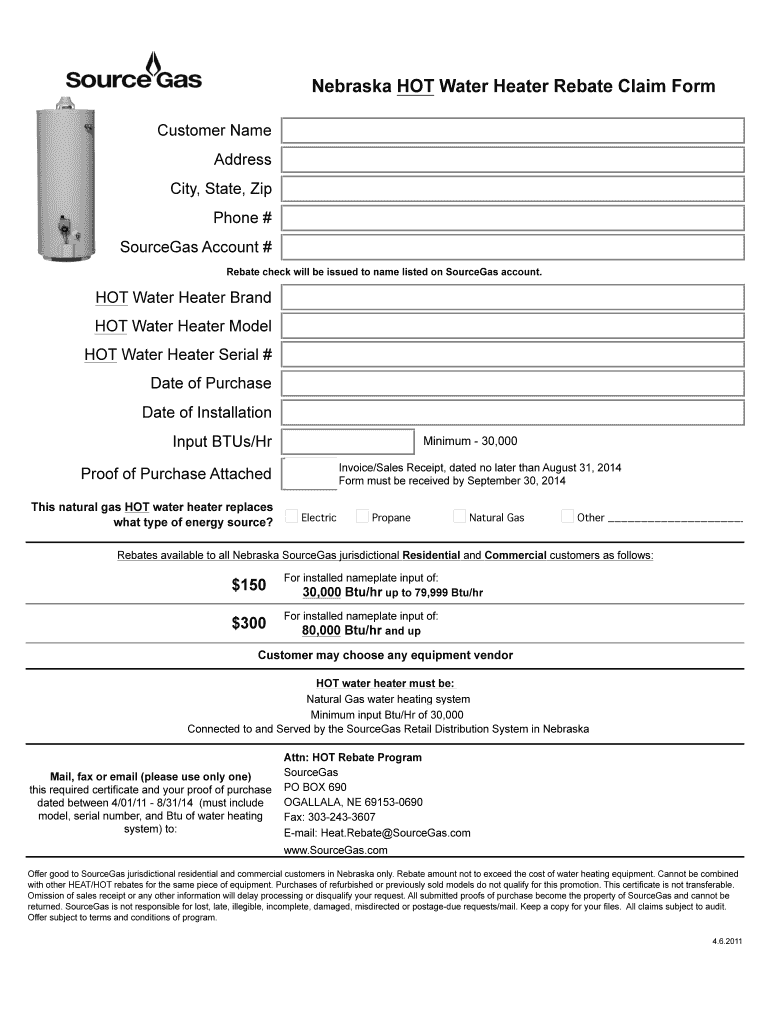 Fillable Online SG HOT water heater claim form 11 - sourcegascom Fax ...
