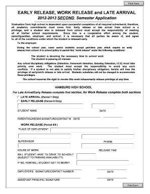 Fillable Online EARLY RELEASE WORK RELEASE and LATE ARRIVAL Fax Email ...