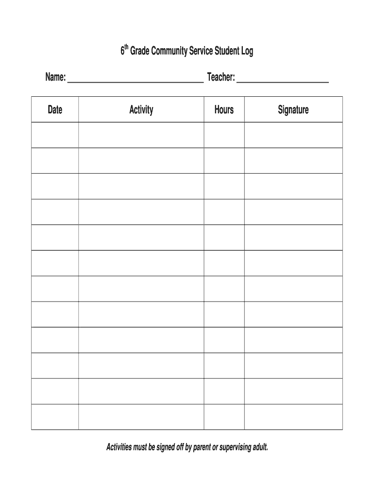 Fillable Online 6th Grade Community Service Student Log Fax Email Print ...
