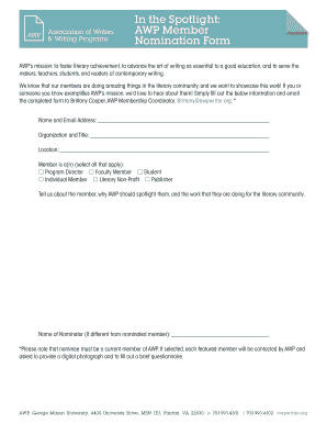 Fillable Online awpwriter In the Spotlight AWP Member Nomination Form ...