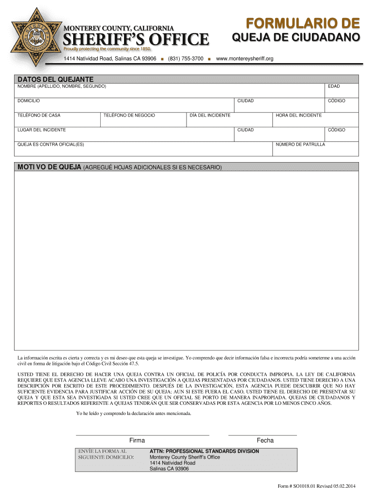 Fillable Online montereysheriff 1018 Citizens Complaint Form - Spanish ...