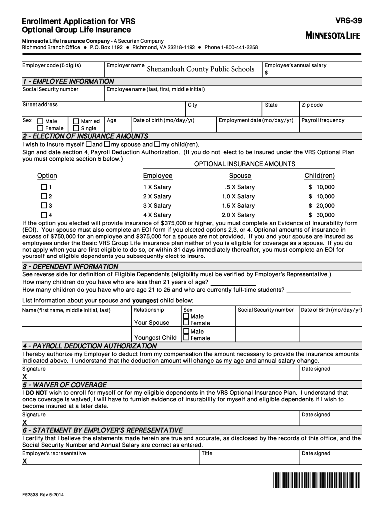 Fillable Online shenandoah k12 va Enrollment Application for VRS Fax Email Print - pdfFiller