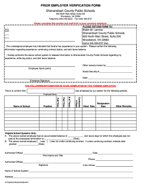 Fillable Online shenandoah k12 va PRIOR EMPLOYER VERIFICATION FORM Fax ...