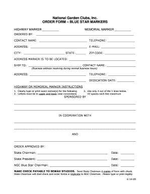 Fillable Online gardenclub ORDER FORM BLUE STAR MARKERS Fax Email Print ...