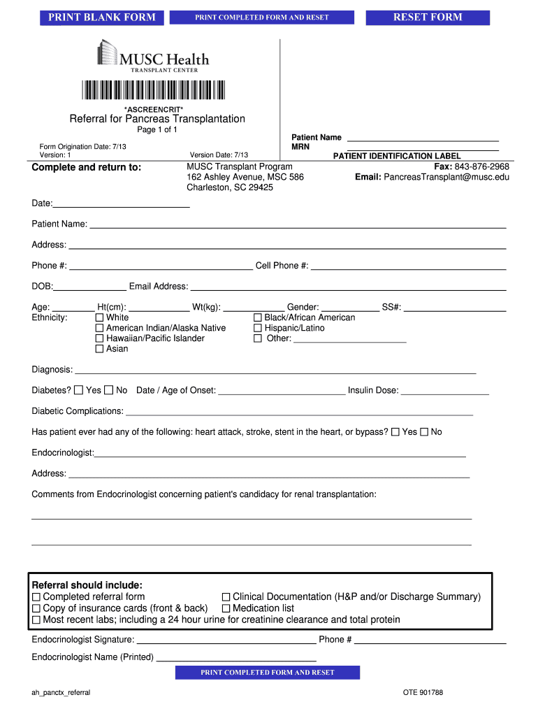 Fillable Online Referral for Pancreas Transplantation - MUSC Medical ...