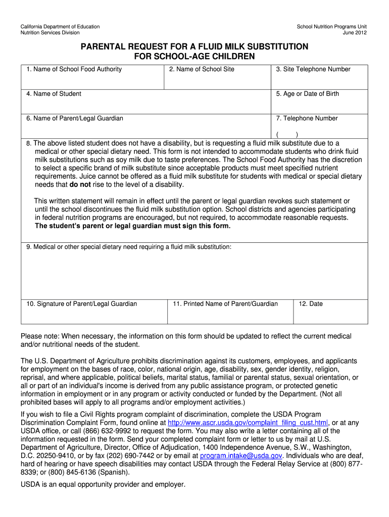 Fillable Online Parental Request for a Fluid Milk Substitution - School ...