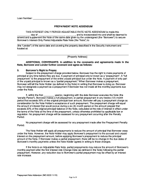 Fillable Online PREPAYMENT NOTE ADDENDUM ADDITIONAL CONVENANTS In Fax ...