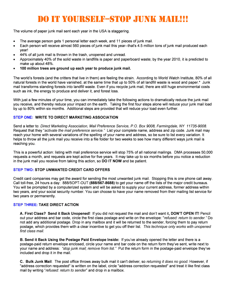 Fillable Online brookstownship DO IT YOURSELF--STOP JUNK MAIL - Brooks Township Michigan Fax ...