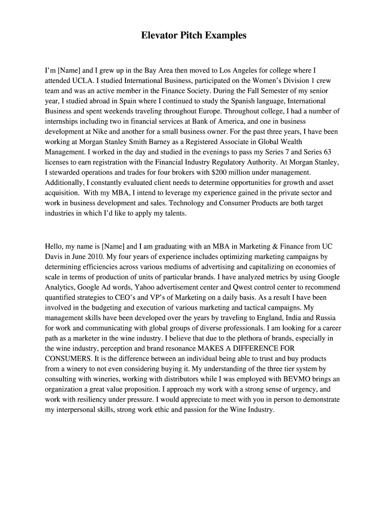 Fillable Online Elevator Pitch Examples Fax Email Print - pdfFiller