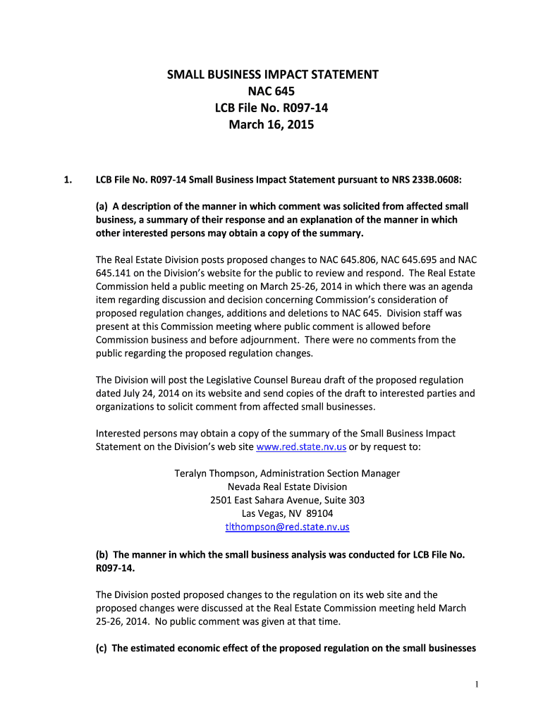 Fillable Online SMALL BUSINESS IMPACT STATEMENT NAC 645 LCB File No Fax ...