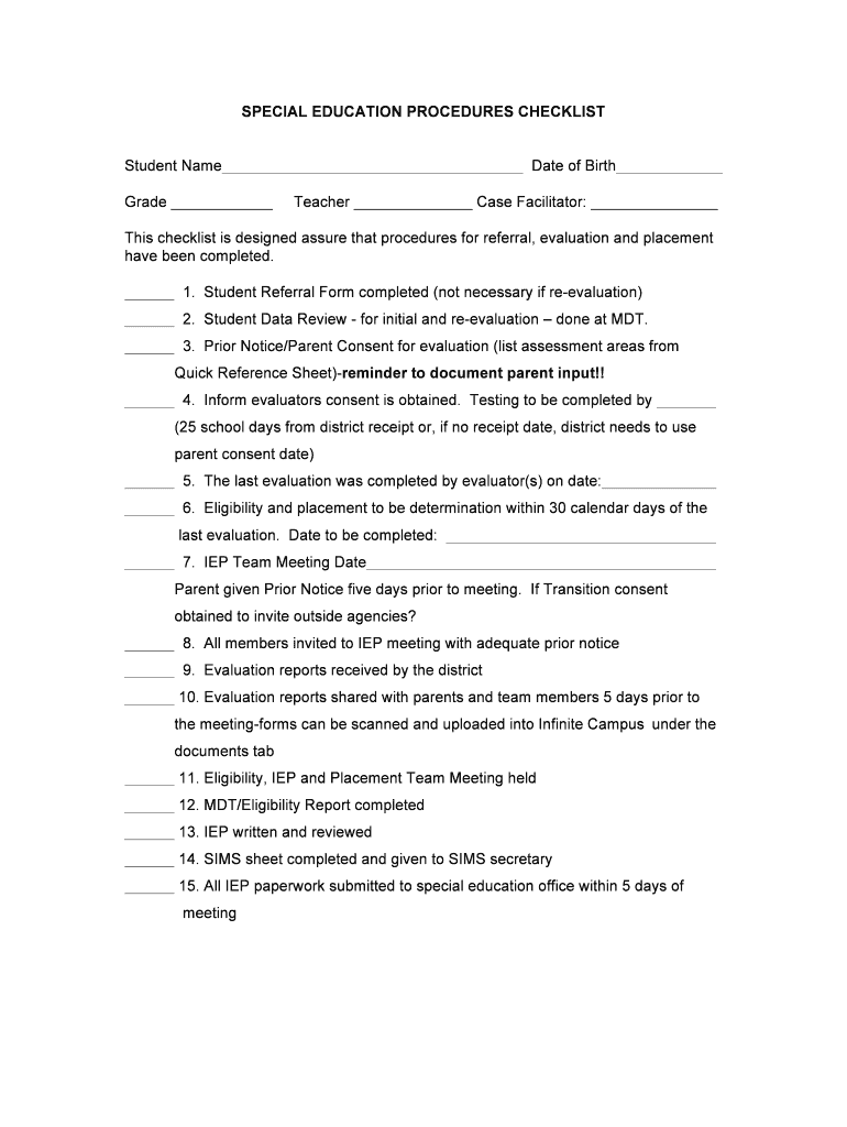 Fillable Online mitchell k12 sd Special Education Procedures Checklist ...